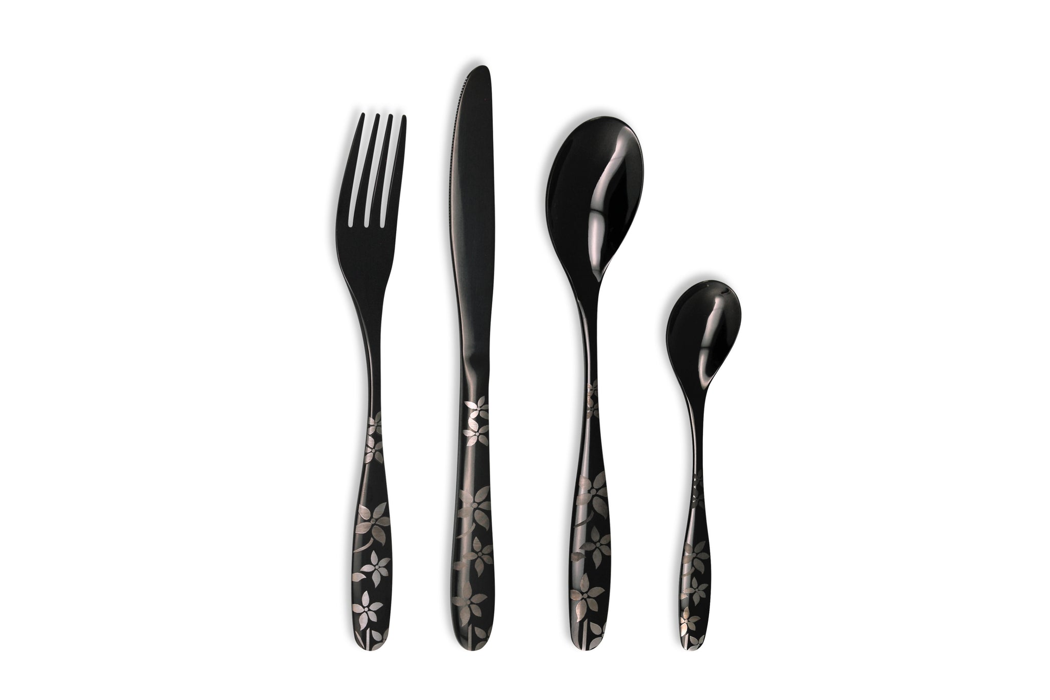 16-Piece Spring Cutlery Set - Engraved Floral Design - Black PVD